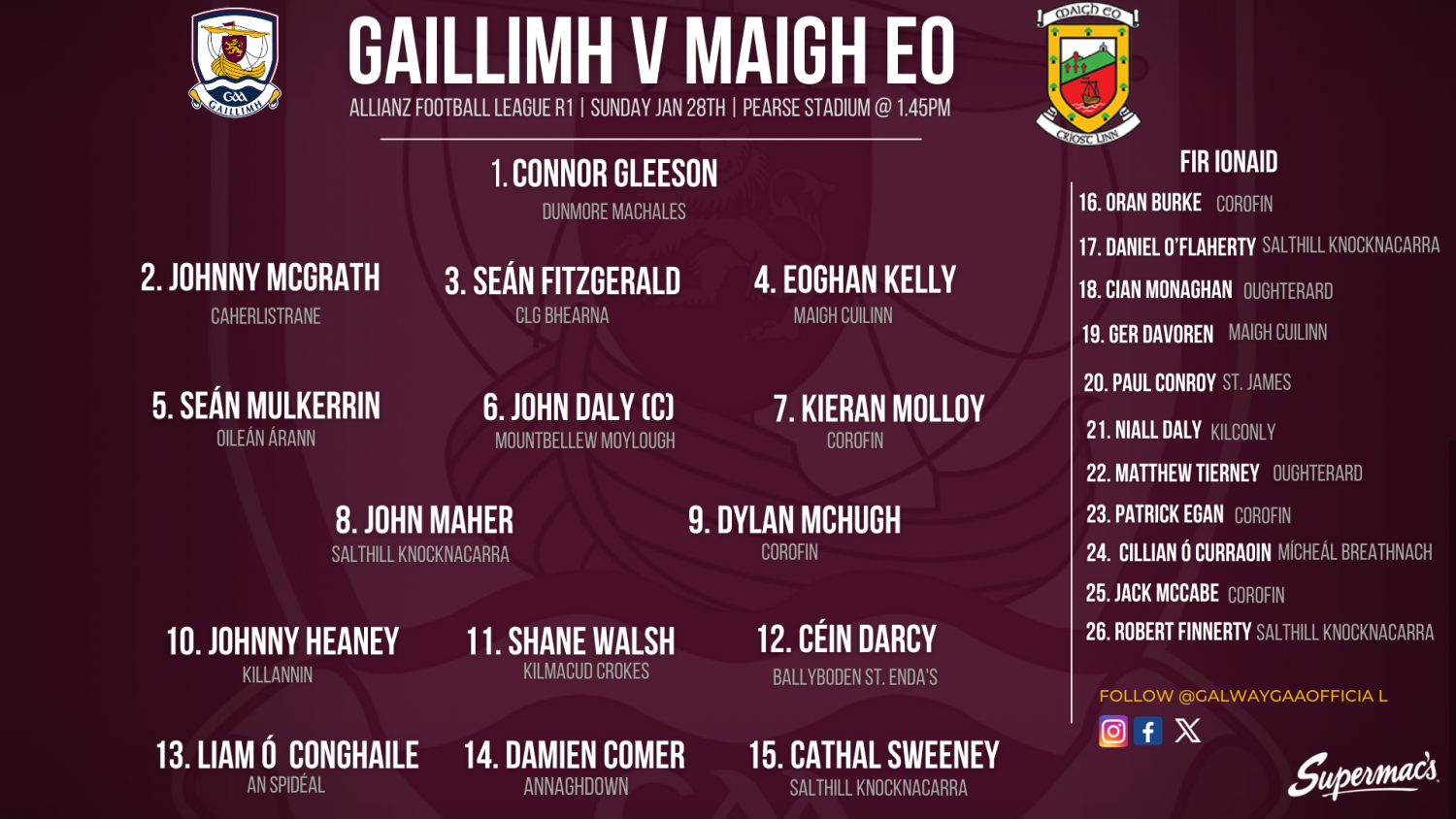 Team News: AFL Rd1 Galway v Mayo – Galway GAA