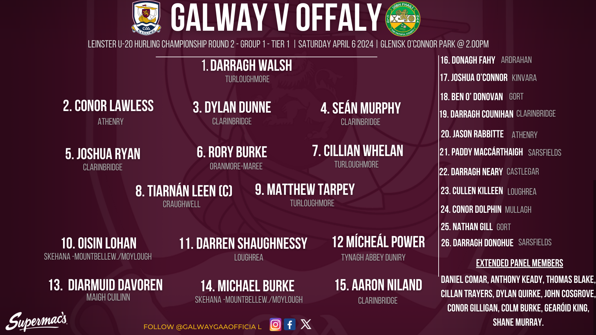 Team News: U20 Hurling v Offaly – Galway GAA