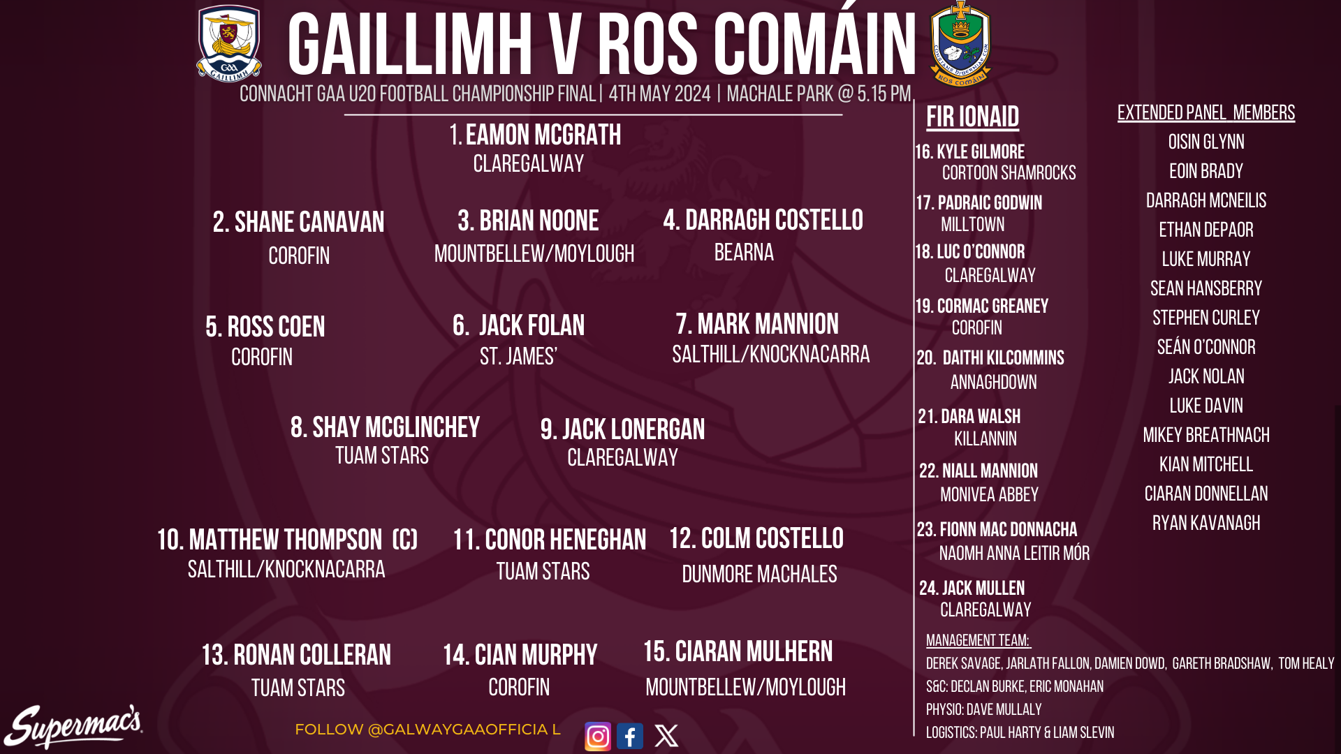 Team News: Galway v Roscommon, Connacht U20 Football Final – Galway GAA
